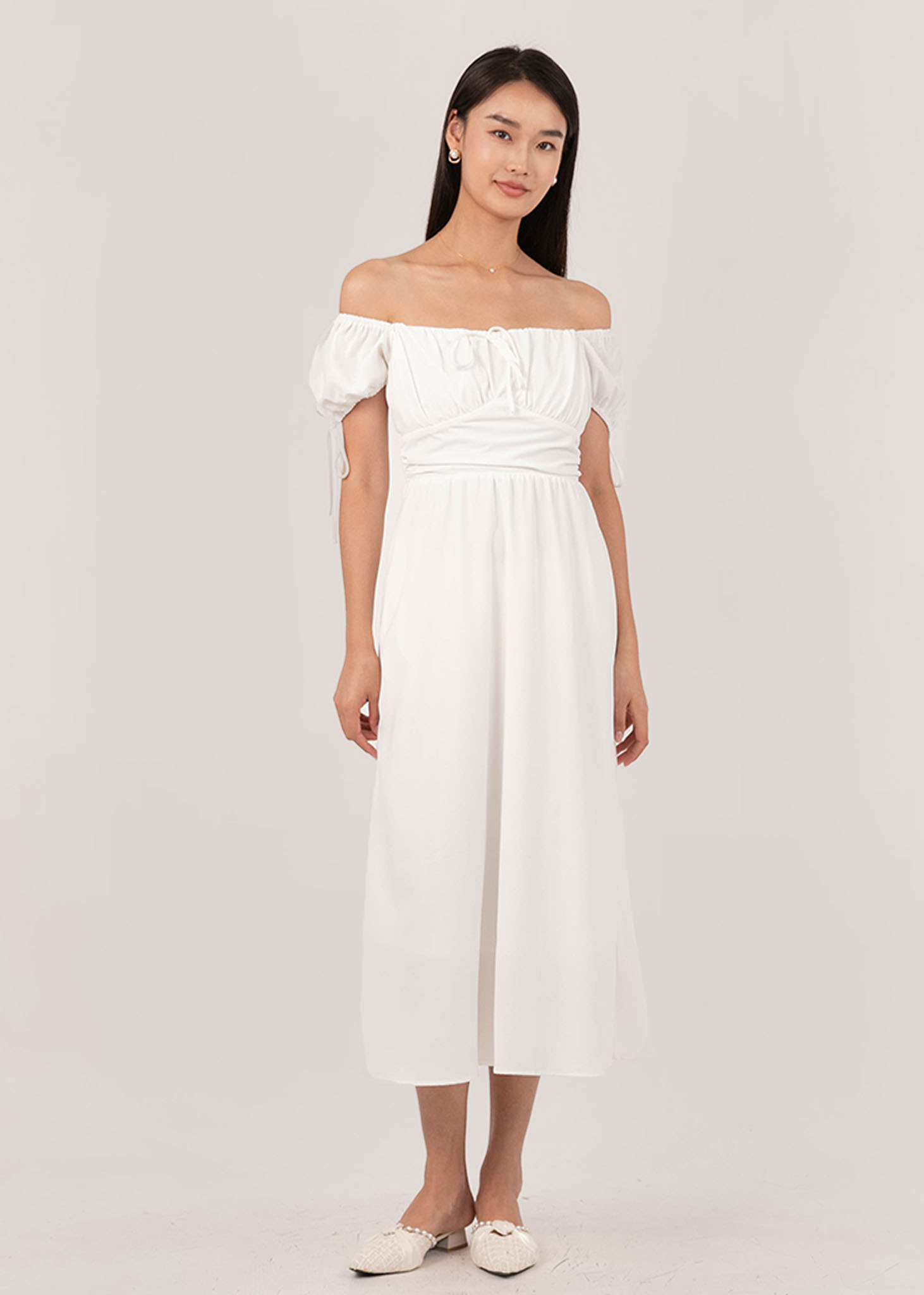 City Girl Ruched Midi Dress in White | 6STYLE