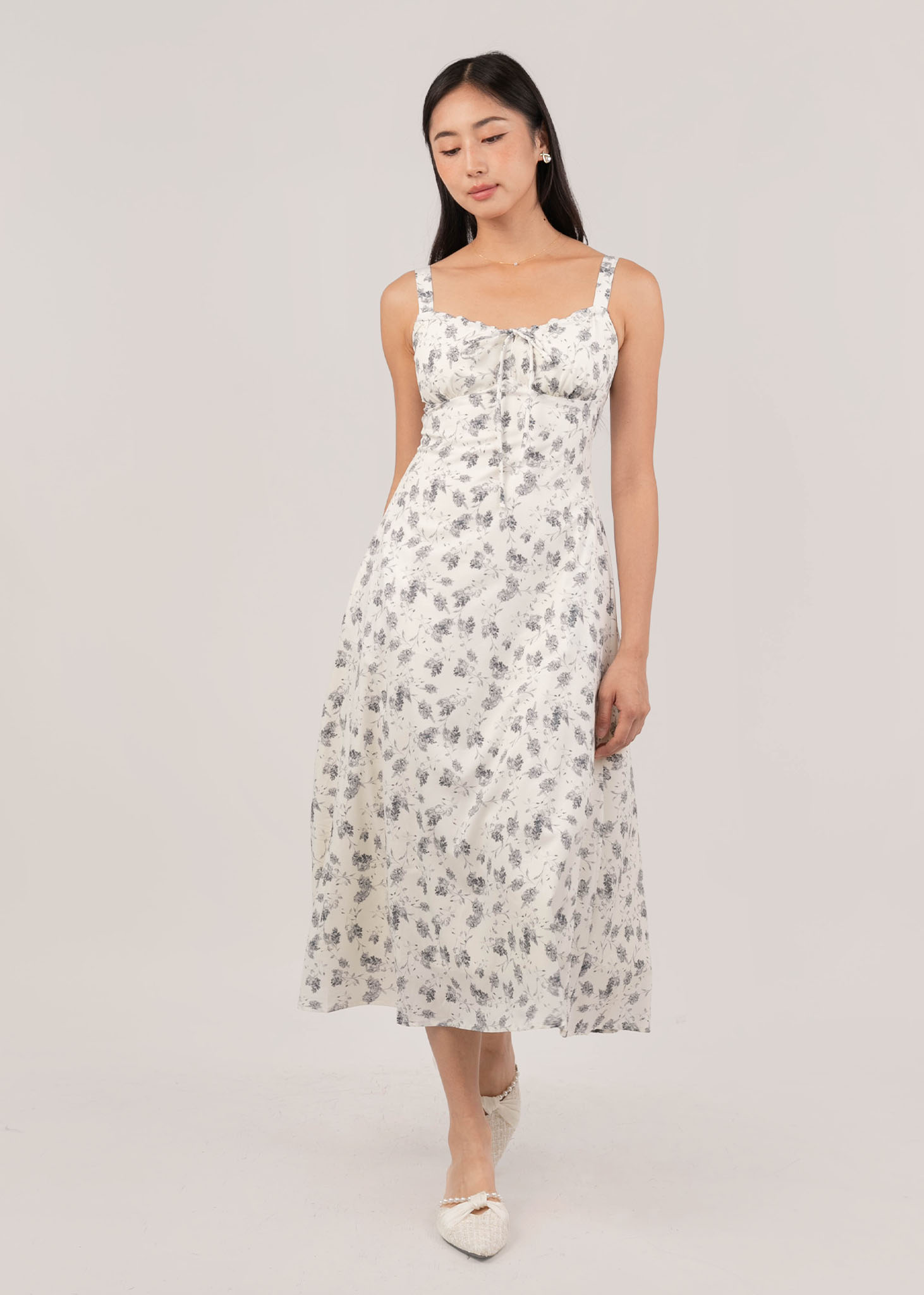 Spring Breeze Midi Dress in Florals (Shadow Grey) | 6STYLE
