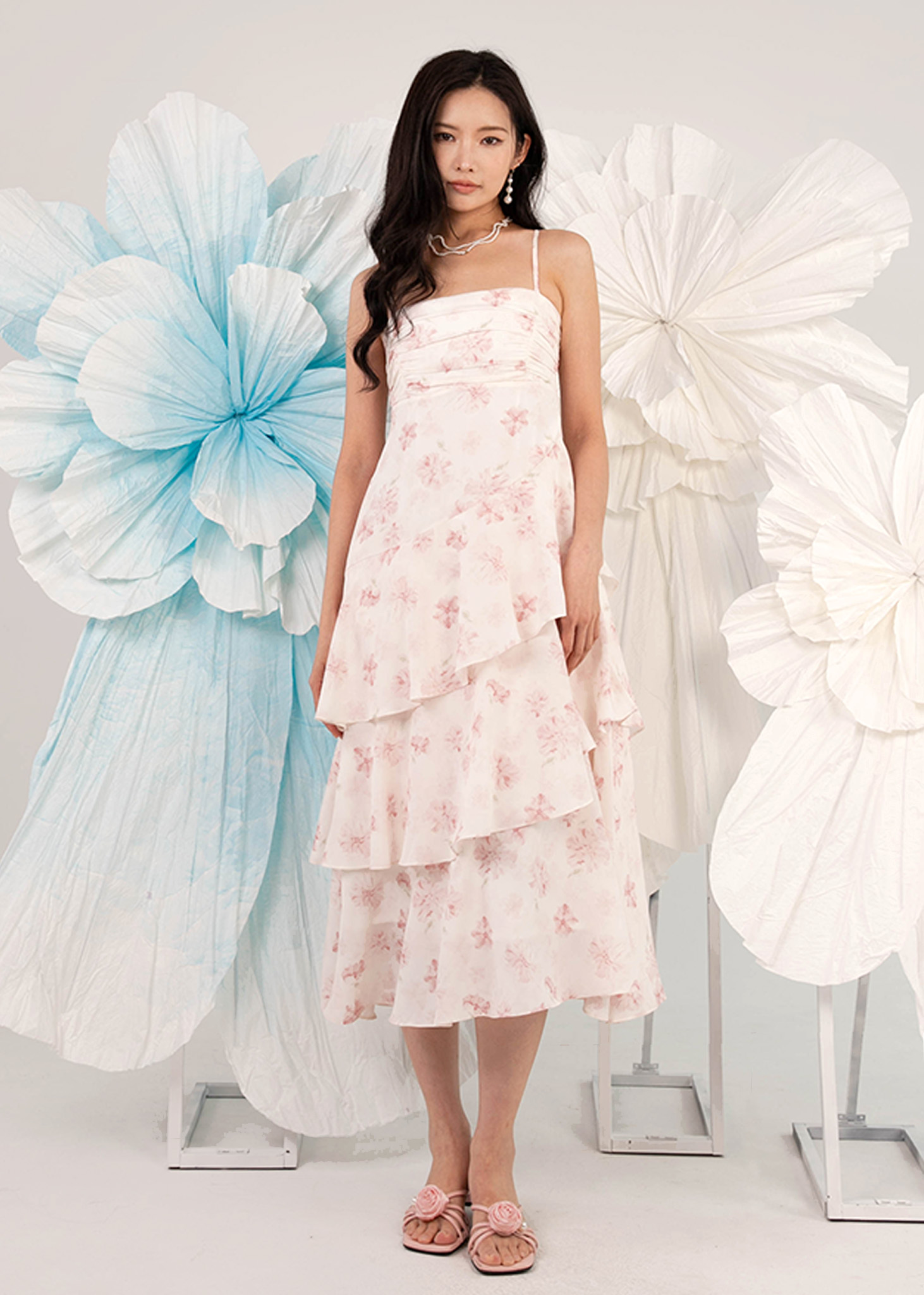 Blooming Allure Waterfall Midi Dress in Pink | 6STYLE