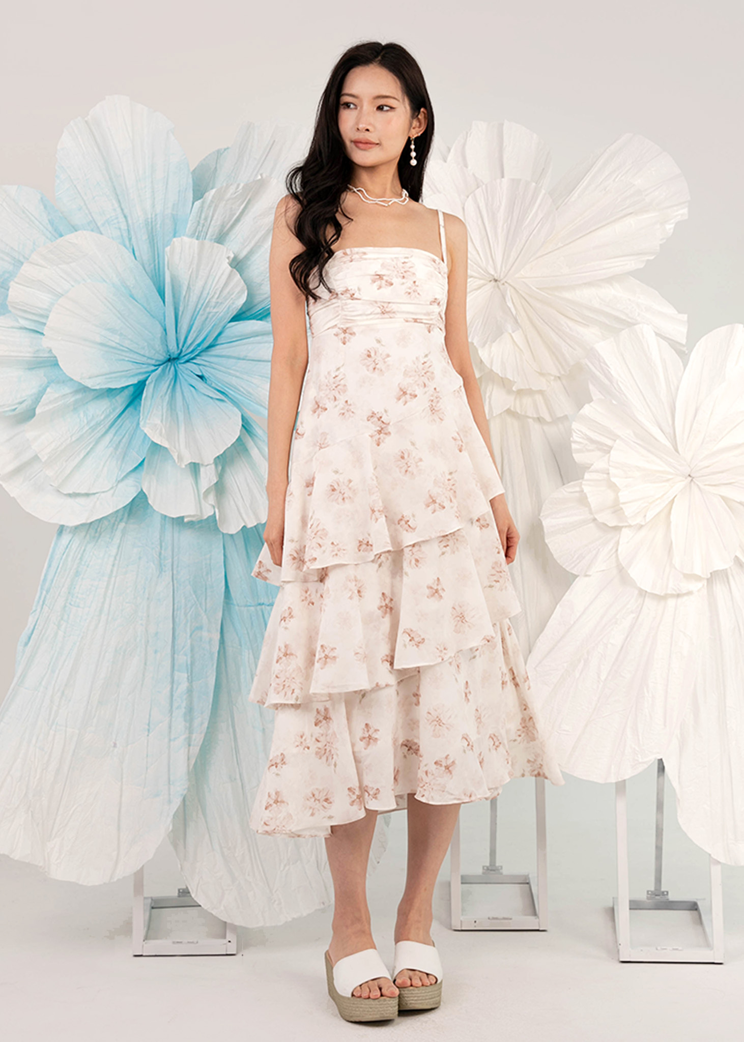 Blooming Allure Waterfall Midi Dress in Brown | 6STYLE