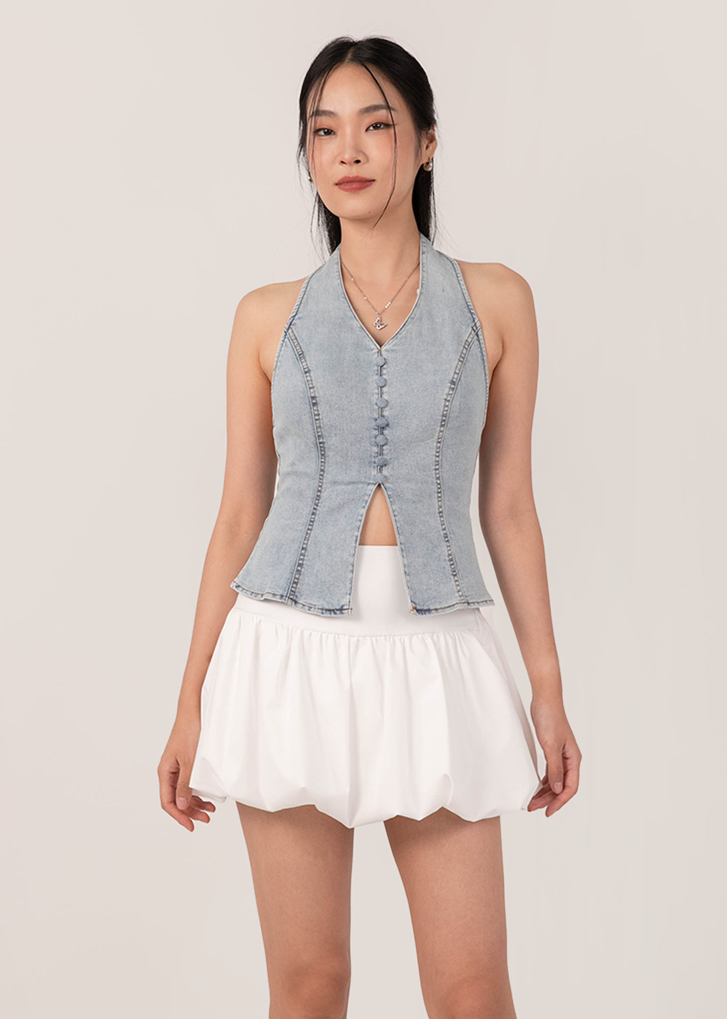 All Bare Denim Halter Top in Light Denim | 6STYLE