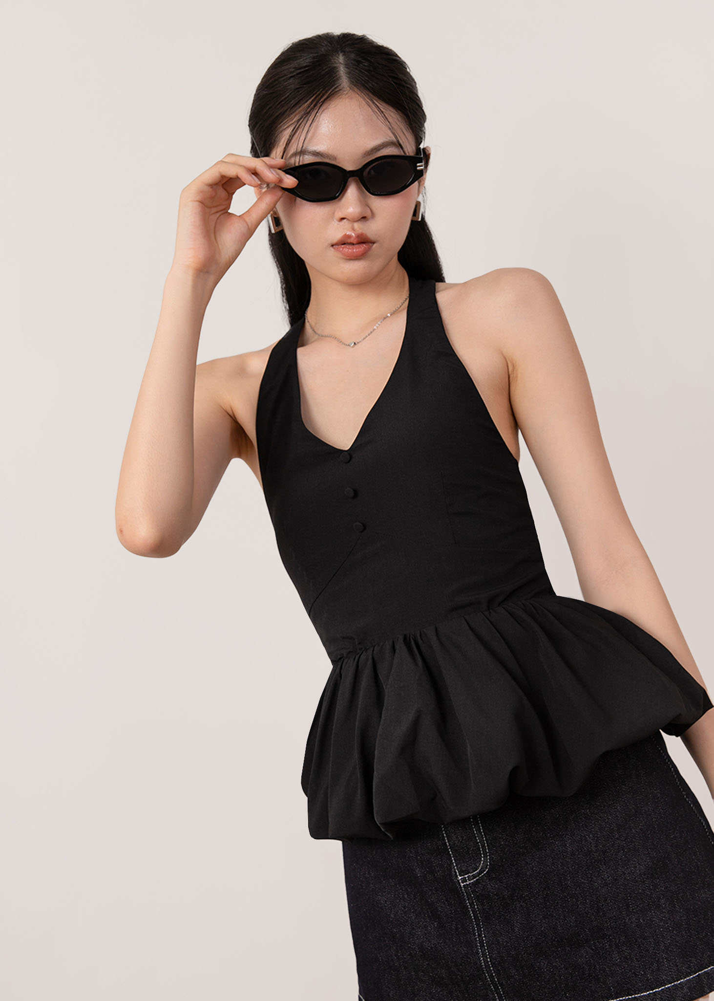 Orella Halter Bubble Top in Black (Solid) | 6STYLE