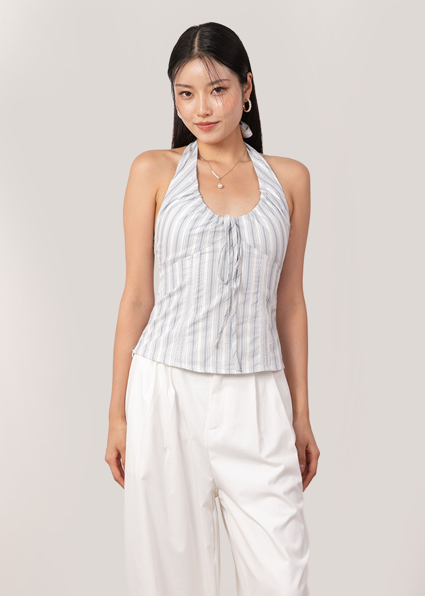 Arden Halter Top in Blue Grey Stripes | 6STYLE